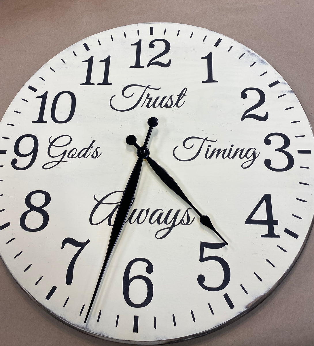 Custom made Trust God's Timing Clock – Words on Wood